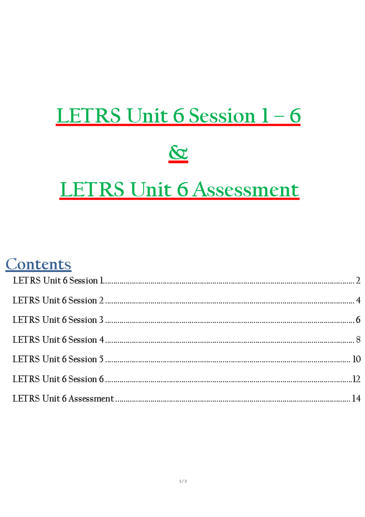LETRS Unit 6: Comprehensive Assessment & Session Insights - Studocu