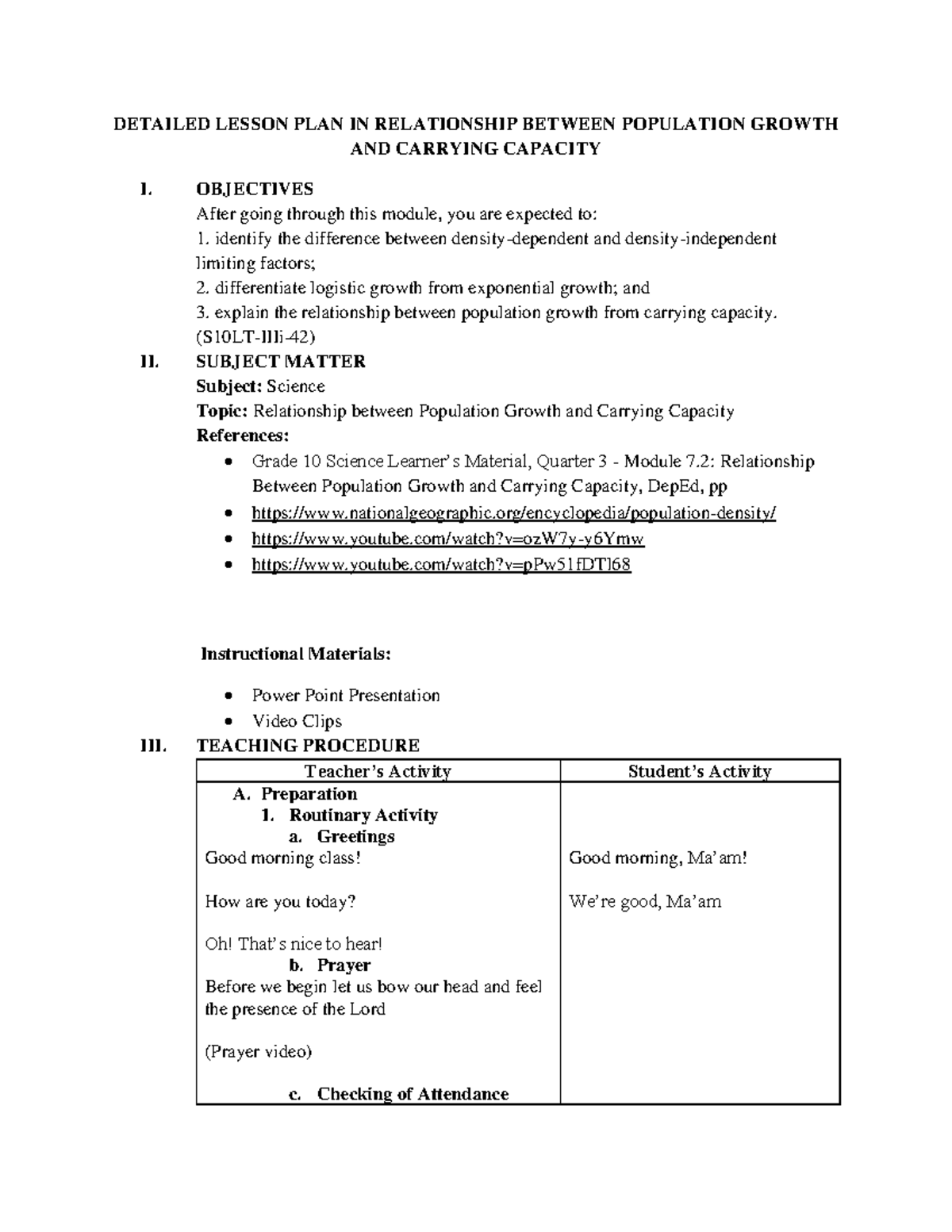 S10LT-IIIi-42 Detailed Lesson Plan: Population Growth & Carrying ...