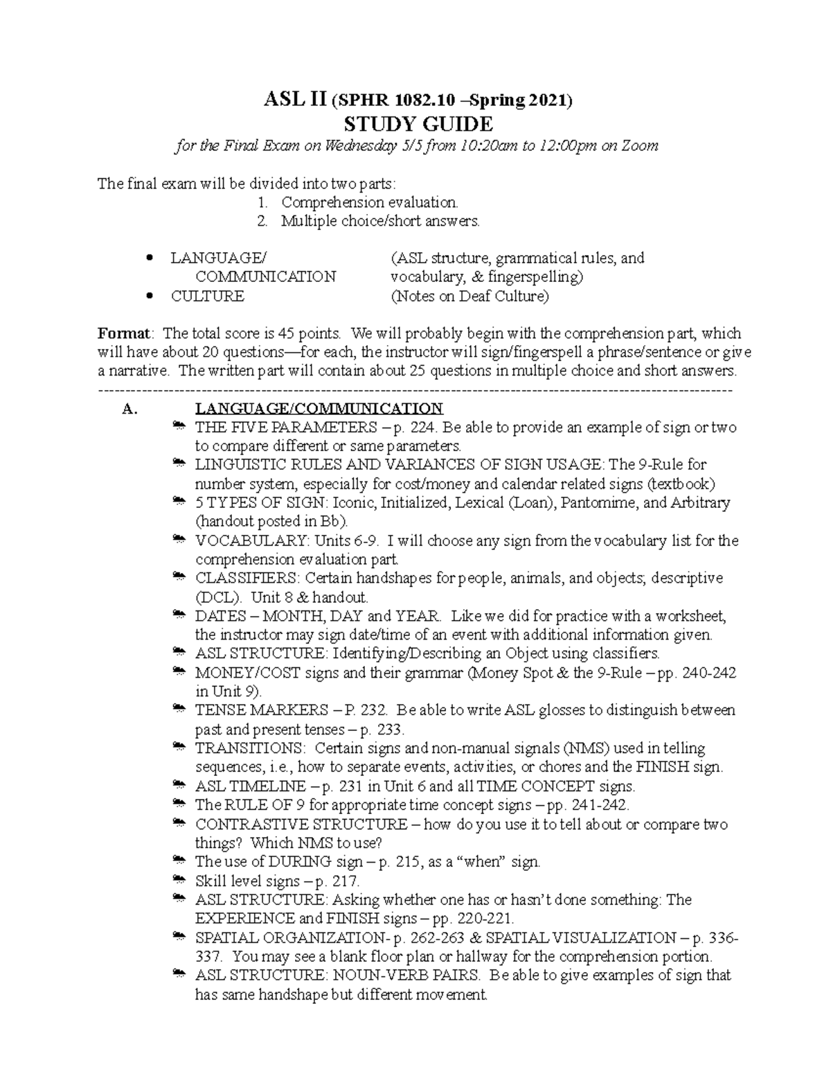 ASL II - Final EXAM Study Guide MASL6-10 - ASL II (SPHR 1082 –Spring ...