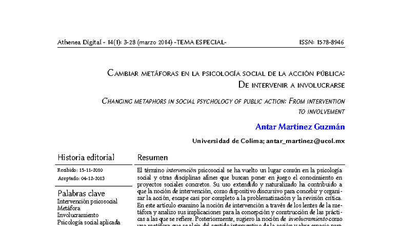 Cambiar Metáforas en la Psicología Social de la Acción Pública (PSY ...