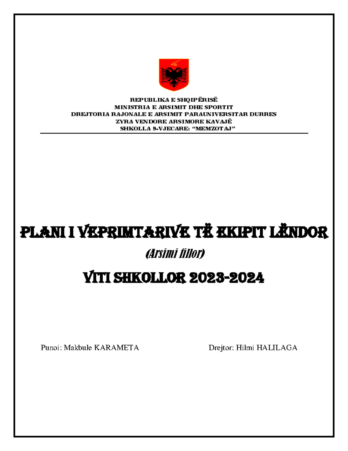 Plani vjetor per drejtuesin e ekipit lendor - PLANI VJETOR I EKIPIT ...
