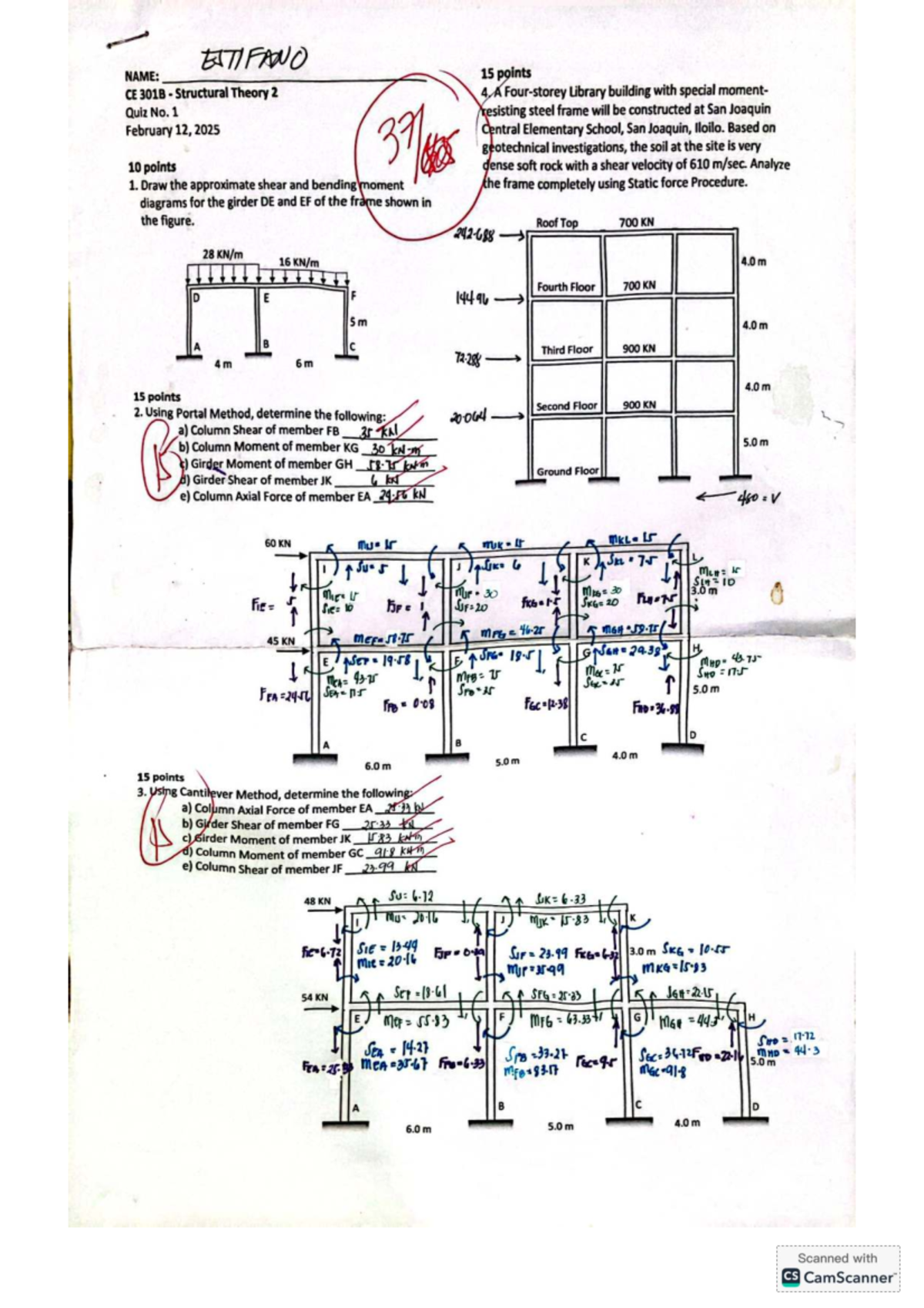 CE 301B Structural Theory 2 Quiz No. 1 & 2 Solutions and Analysis - Studocu