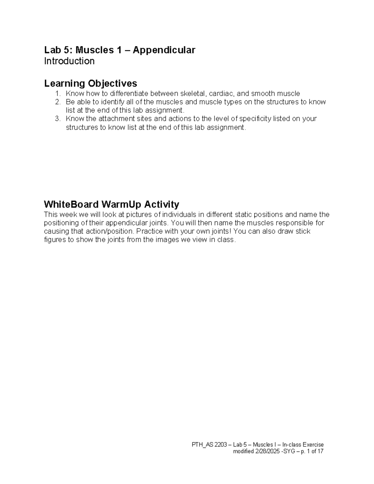 Lab 5: Muscles I - Appendicular Anatomy & Functions (PTH_AS 2203) - Studocu