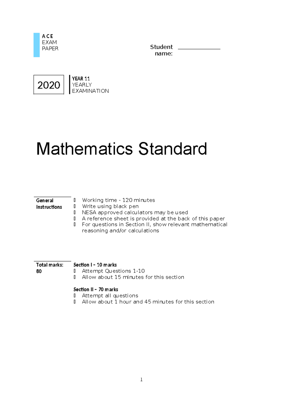 ACE 20YE11MST Exam - year 11 yearly exam - A C E EXAM PAPER Student ...