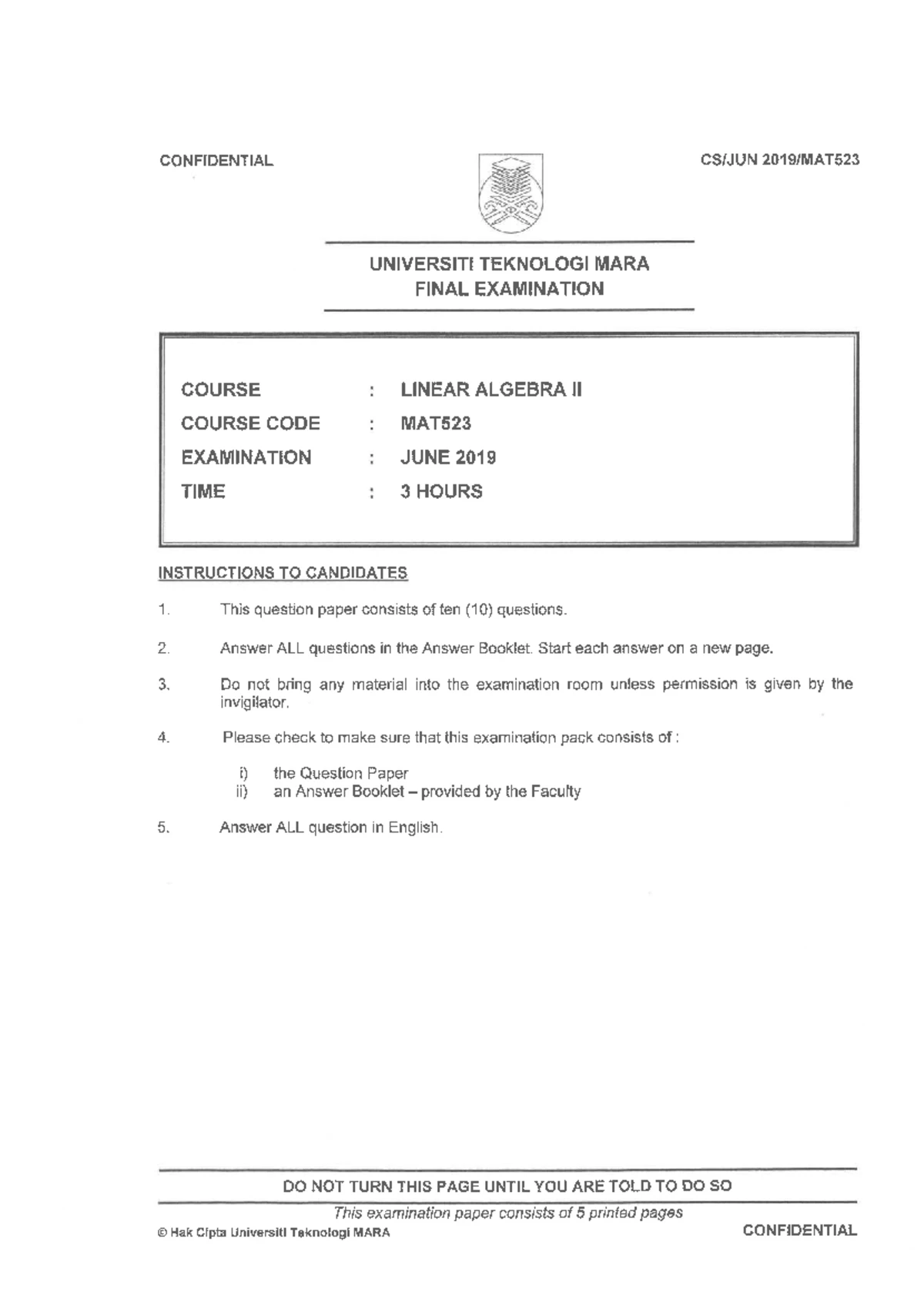 Final Exam MAT523: Linear Algebra II - Dec 2018 Past Year Questions ...