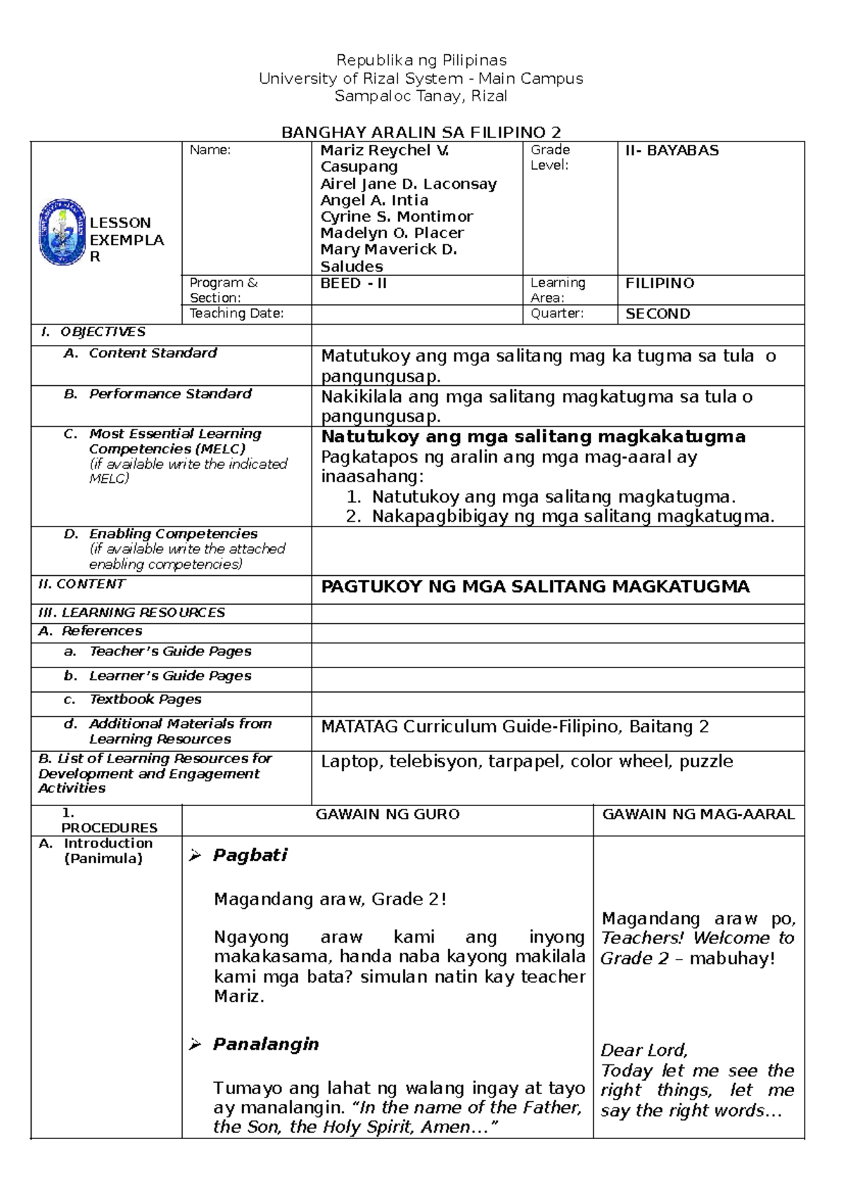 BANGHAY ARALIN SA FILIPINO 2: DEMONSTRATION PLAN - Studocu