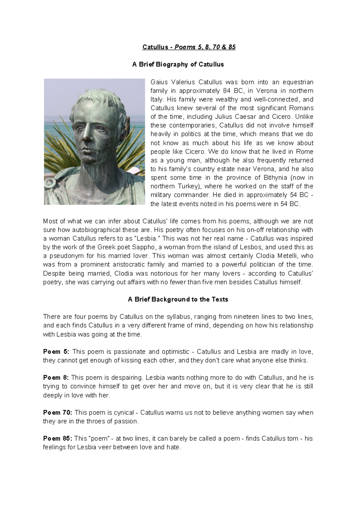 4. Latin Literature 2024: Analyzing Catullus' Poems 5, 8, 70 & 85 - Studocu
