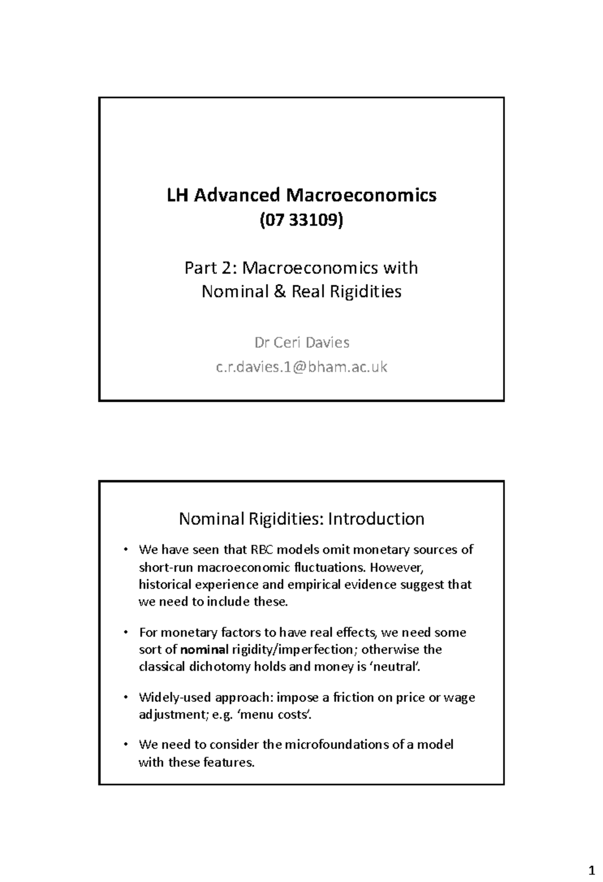 LH Advanced Macroeconomics (07 33109) Lecture Notes on Nominal Real ...