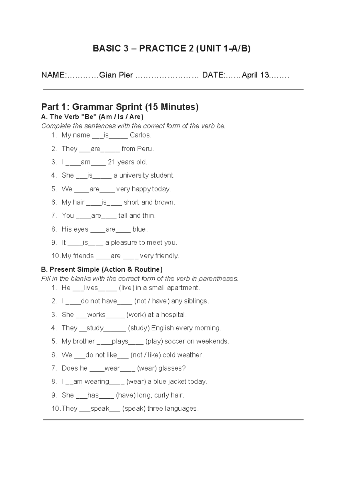 Basic 3 - Practice 2: Unit 1-AB Grammar & Vocabulary Exercises - Studocu