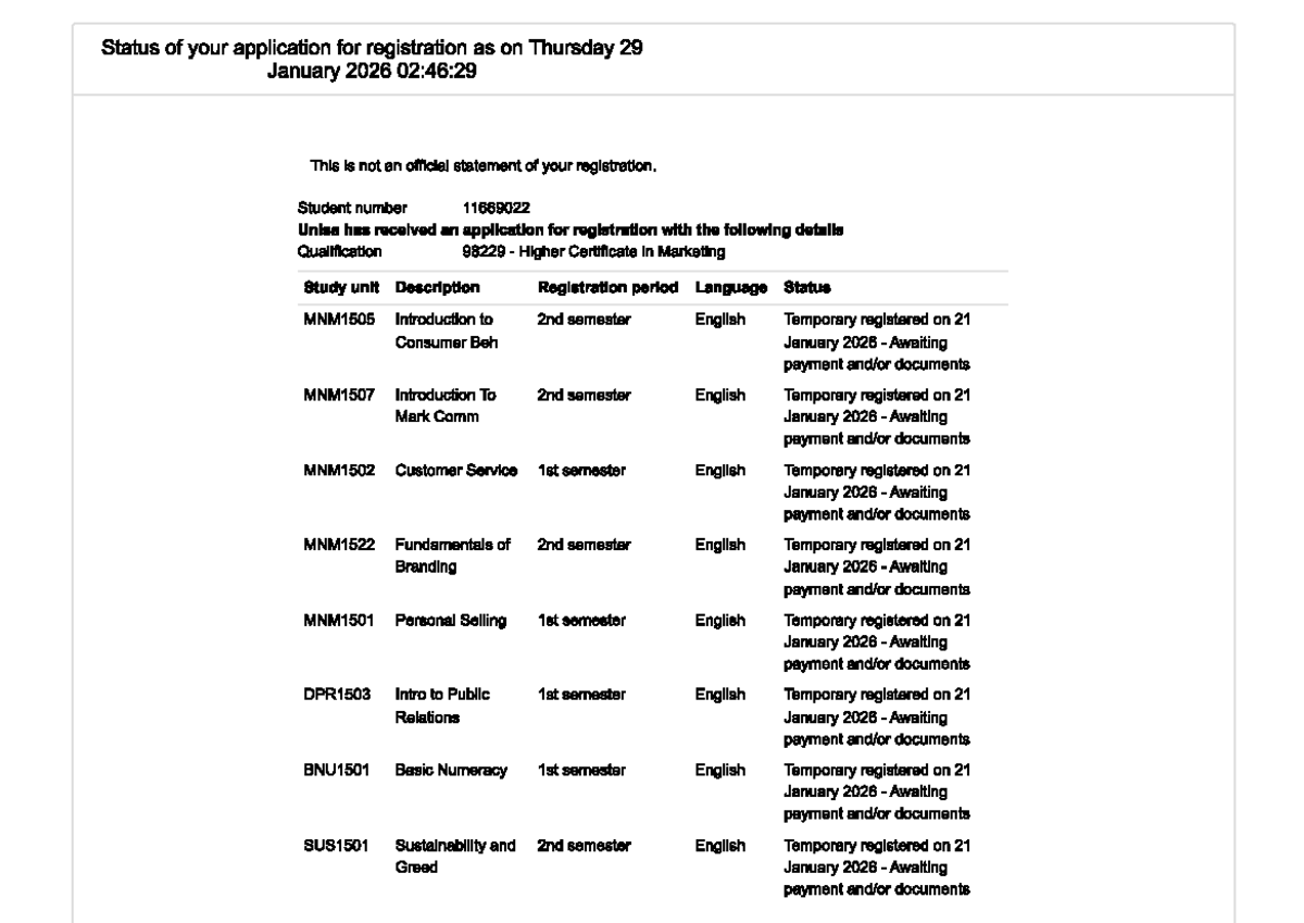 Application Status Update: Registration Details for 98229 Higher Cert ...