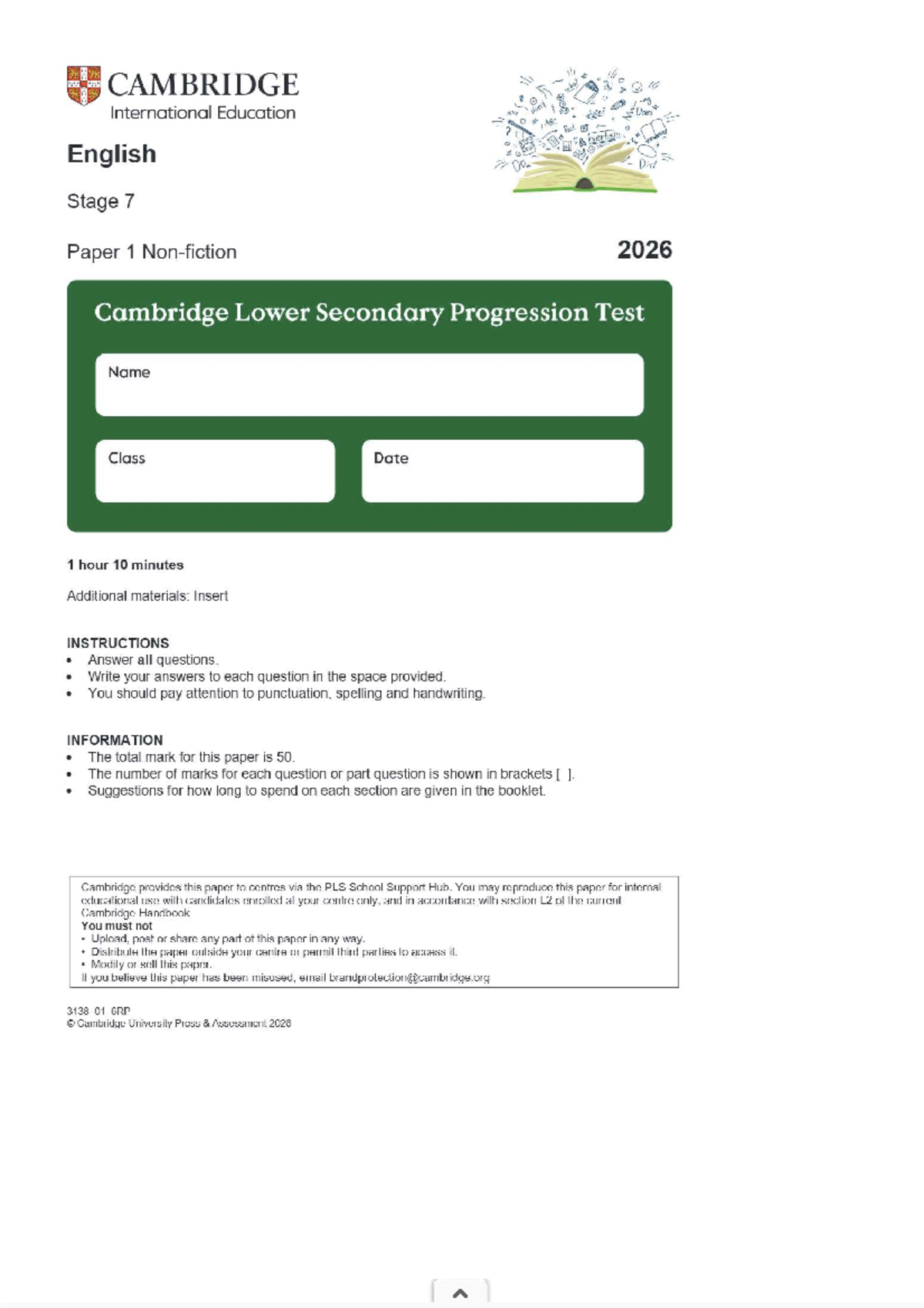 Stage 7 English Paper 1 2026: Cambridge Lower Secondary Test - Studocu