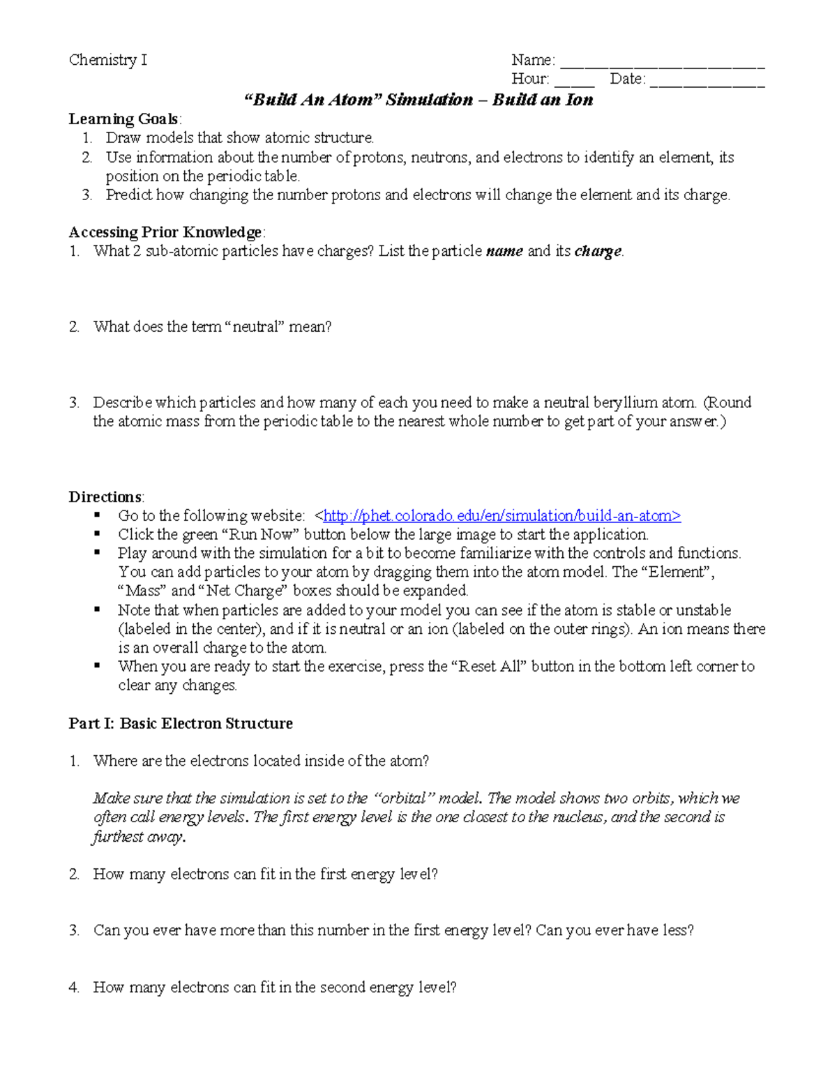 Building An Atom - Build an Ion - Chemistry I Name: _________________________ Hour: _____ Date ...