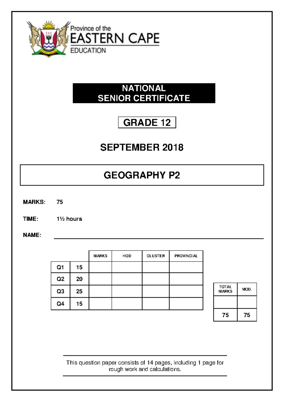 Geography P2 GR12 QP September 2018 - Exam Paper Analysis - Studocu