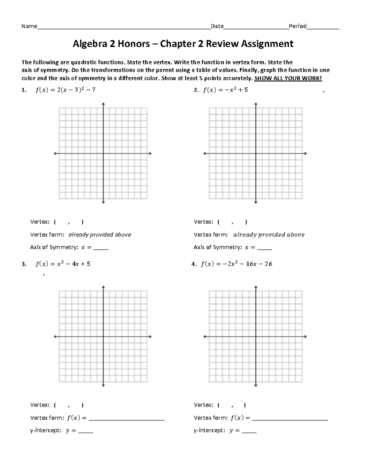 Algebra 2 Honors Chapter 2 Review Assignment: Quadratic Functions - Studocu