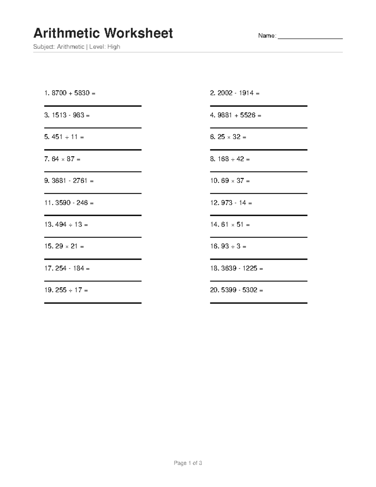 High Level Arithmetic Worksheet 8700-5830 - Studocu