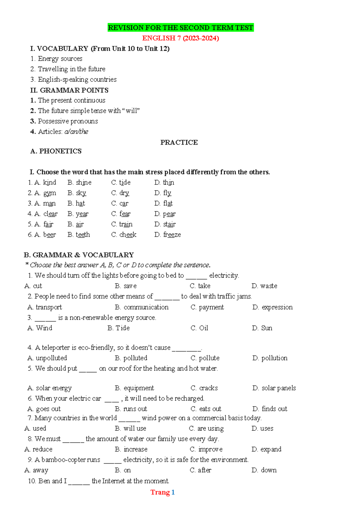 Revision Guide for Second Term Test: English 7 (Units 10-12) - Studocu