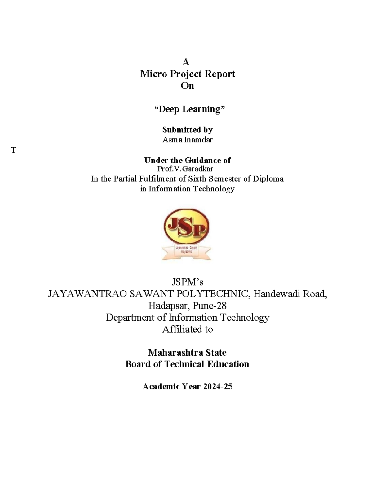 Micro Project Report on Deep Learning - ETI (22618) for 6th Semester ...