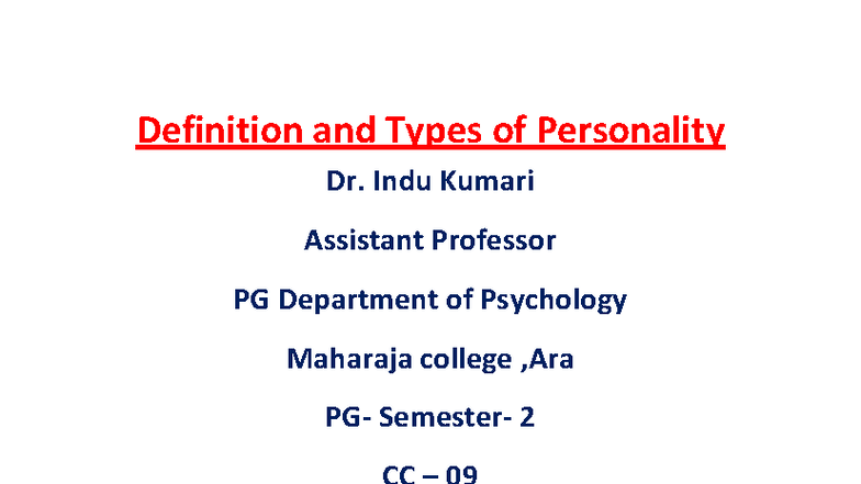 CC 09: Definition and Types of Personality in Psychology - Studocu
