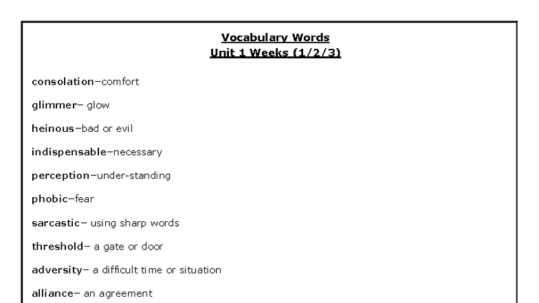 Vocabulary Revision for Unit 1: Weeks of Glow or Evil - Studocu