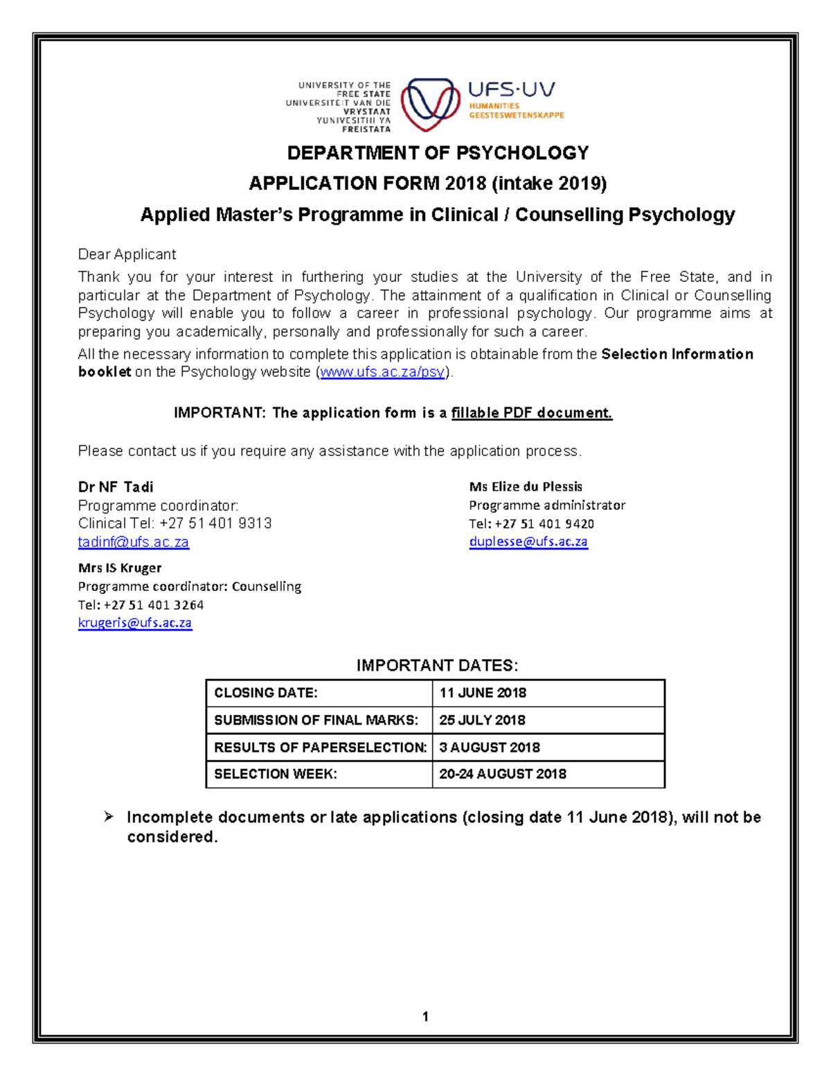 Applied Master's Program in Clinical/Counselling Psych - Selection Form ...