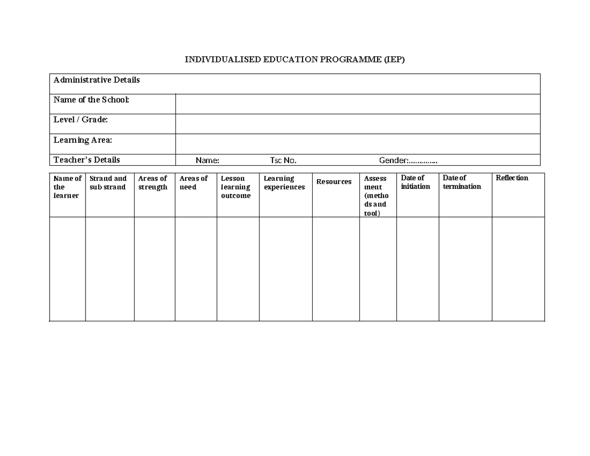 Individualized Education Programme - INDIVIDUALISED EDUCATION PROGRAMME ...