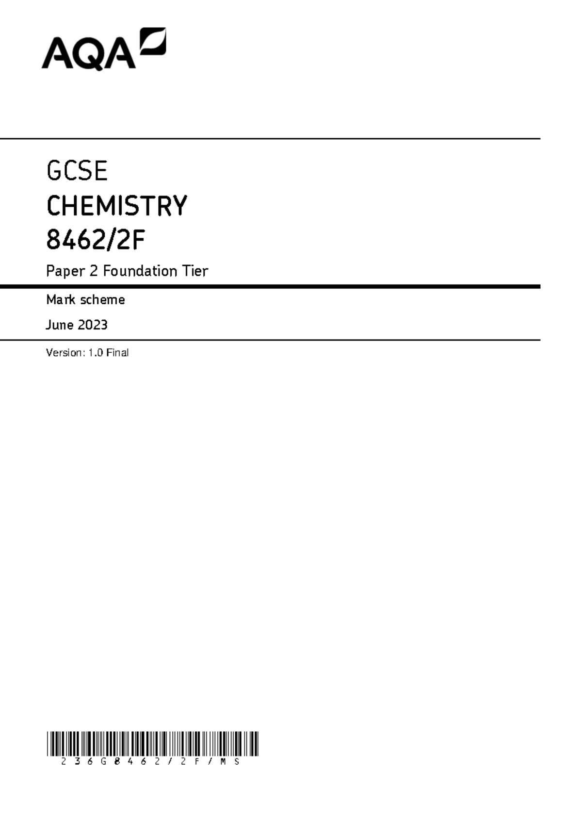 AQA GCSE Chemistry Paper 2 Foundation Tier Mark Scheme June 2023 - Studocu