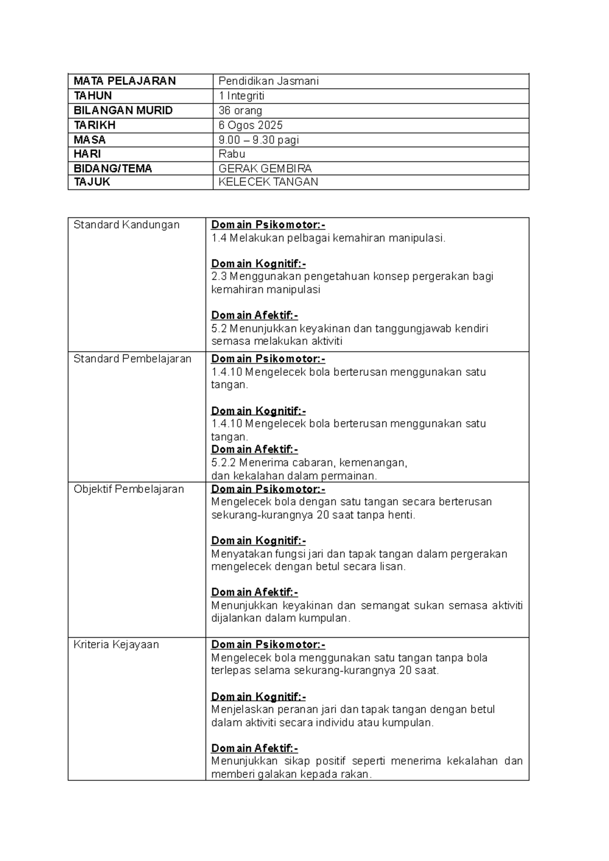 RPH Pendidikan Jasmani Tahun 1 M8-6: Aktiviti Mengelecek dan Melantun ...