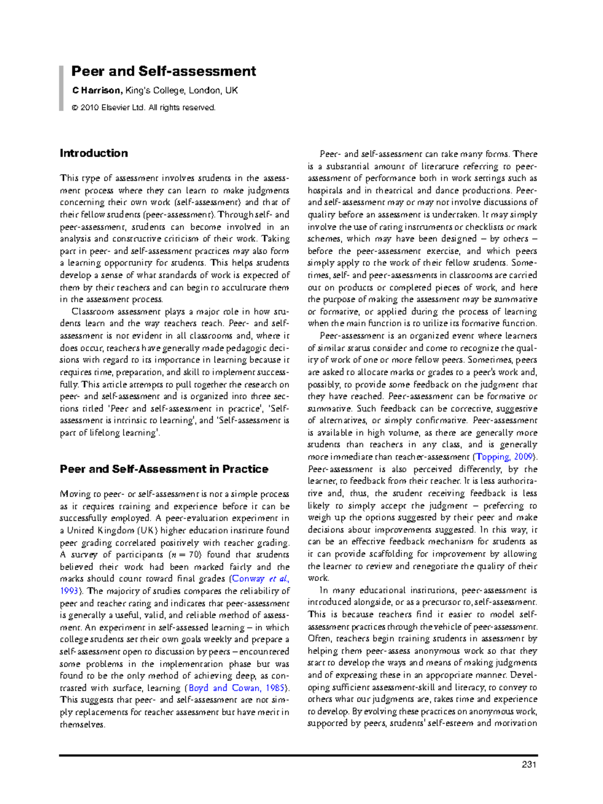 Peer and Self Assessment - Peer and Self-assessment C Harrison, King’s ...