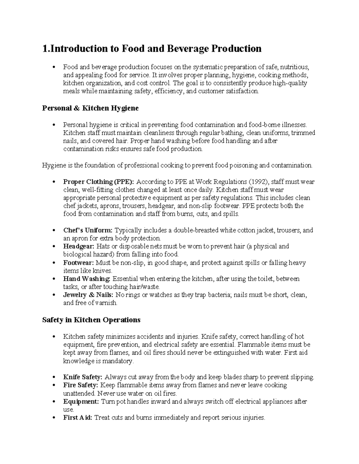 Food and Beverage Production: Hygiene, Safety, and Kitchen Operations ...