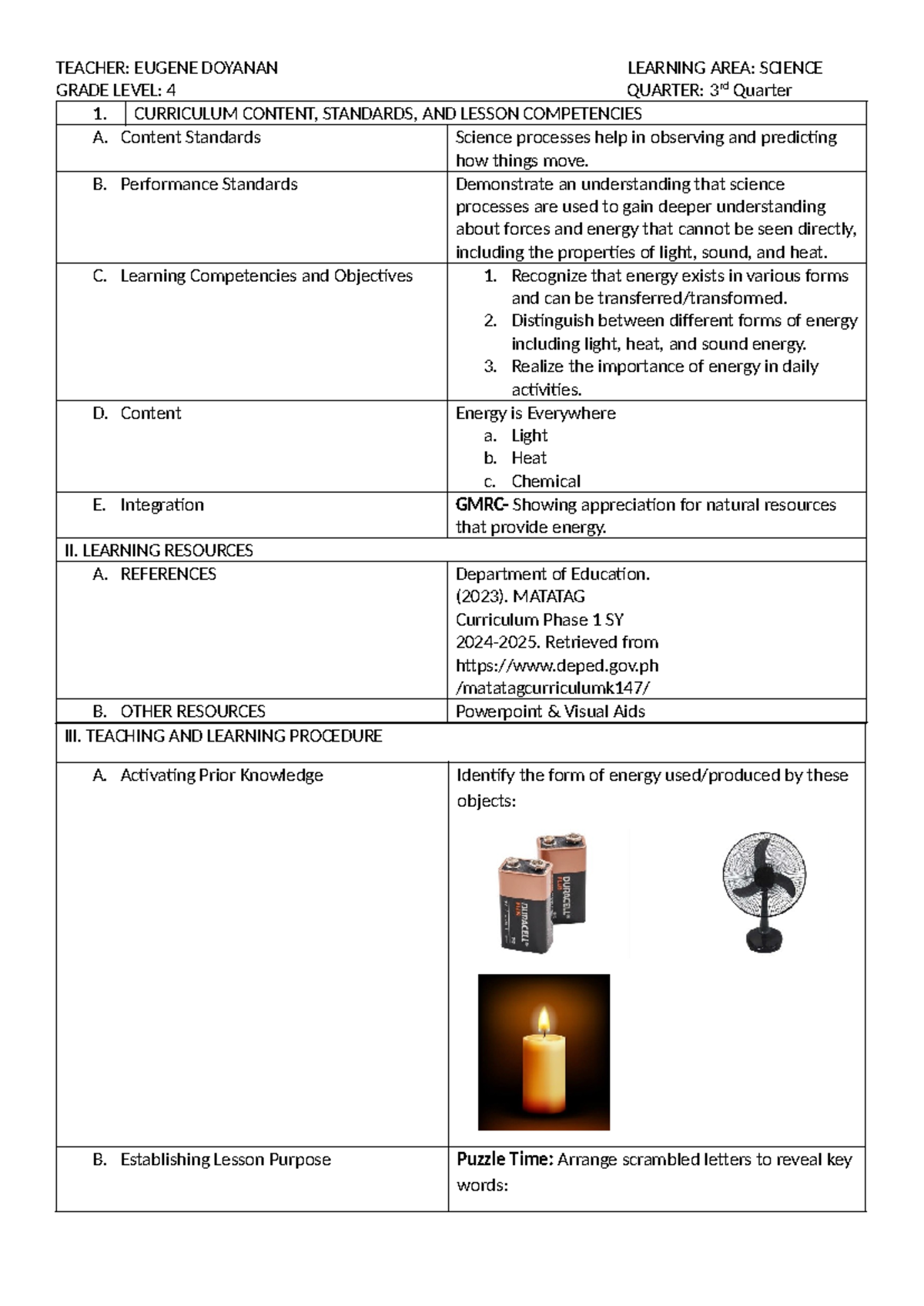 Science 4 - 3rd Quarter Semi Lesson Plan on Energy Concepts - Studocu