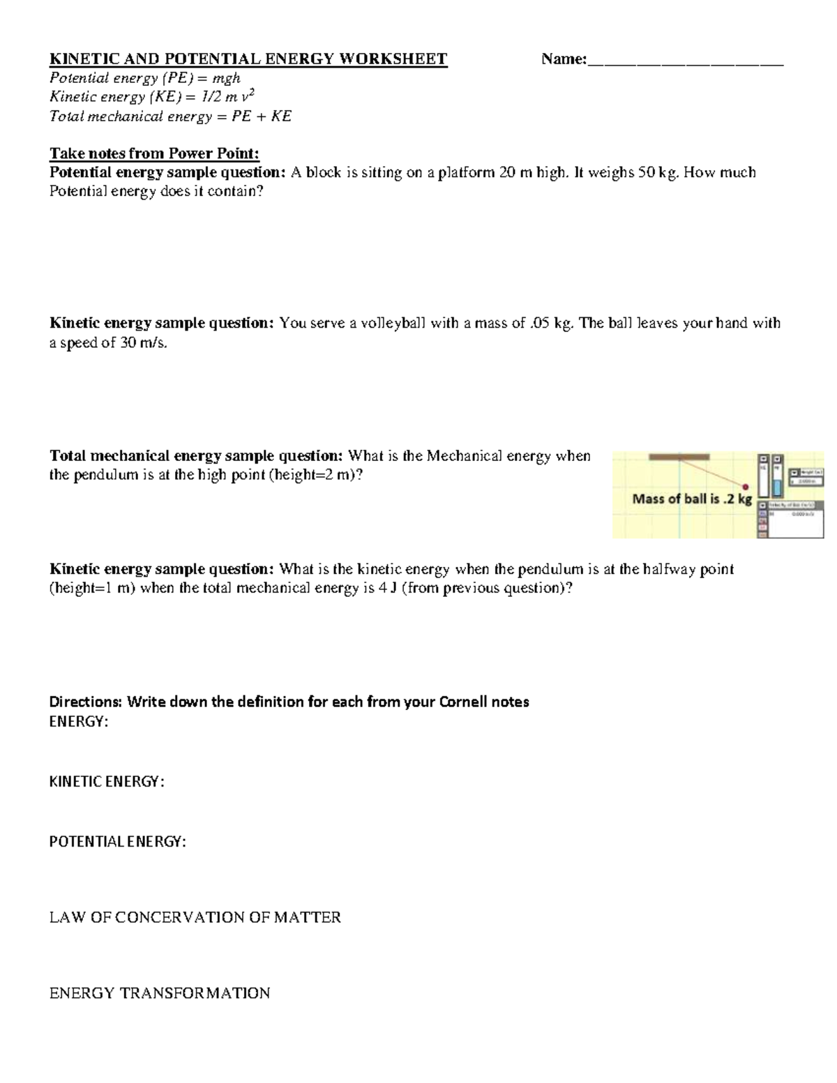 Kinetic and Potential Energy Worksheet (Physics 101) - Studocu