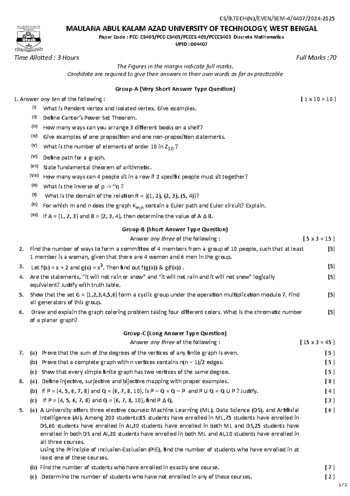 Discrete Mathematics MAULANA ABUL KALAM AZAD UNIVERSITY Paper Code ...