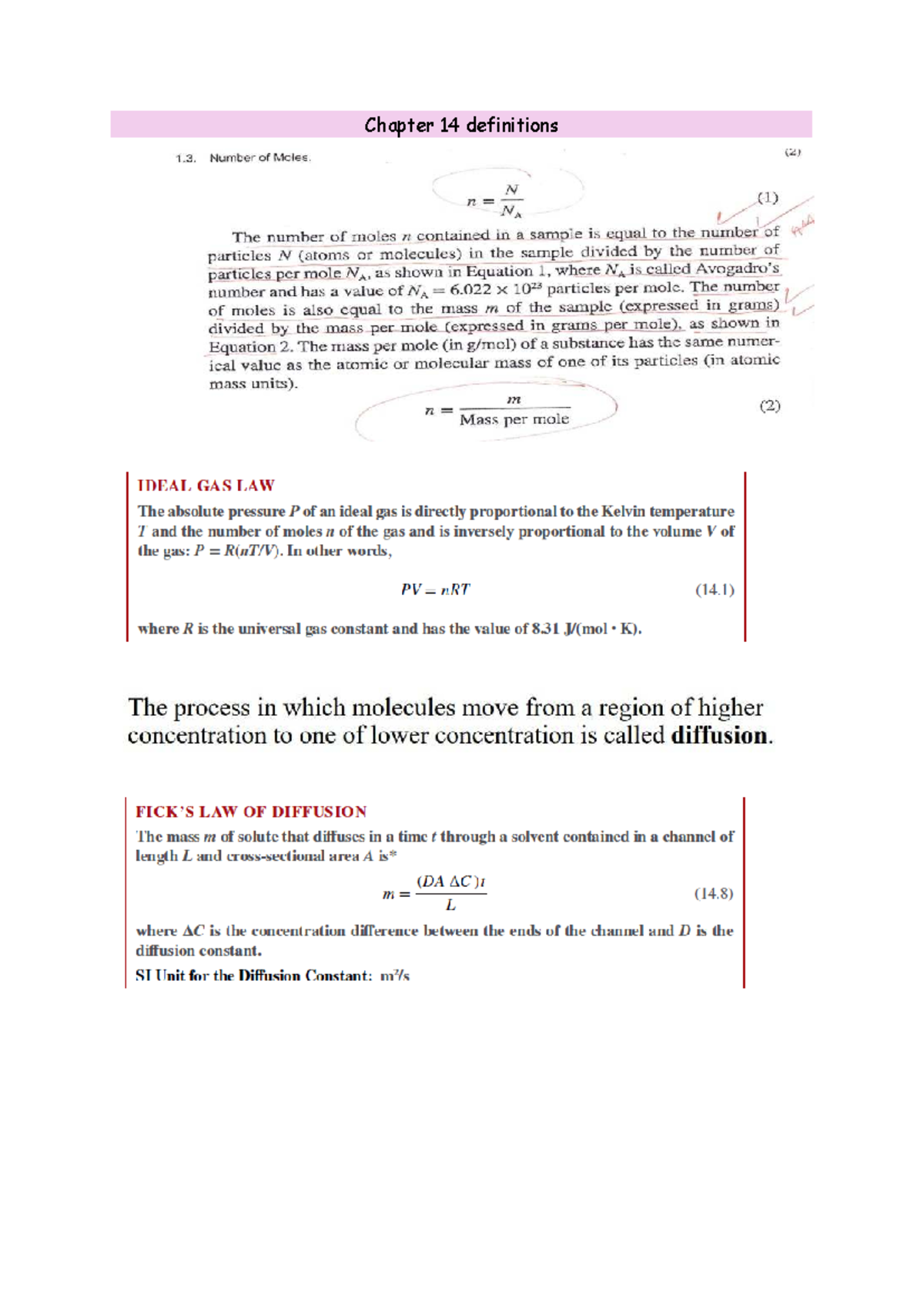 Chapter 14 Definitions: Moles, Ideal Gas Law & Diffusion - Studocu