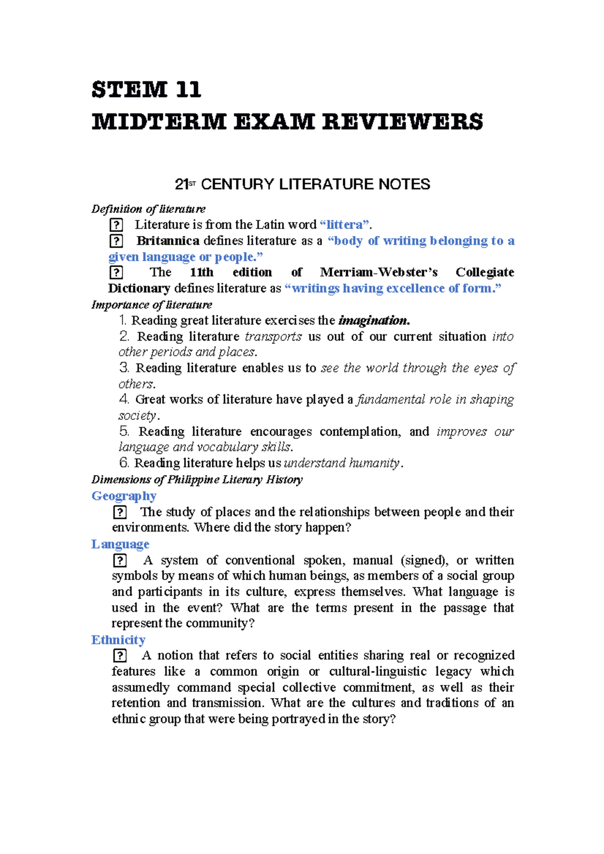 21ST Century Literature STEM 11 Midterm Exam Reviewer Notes - Studocu