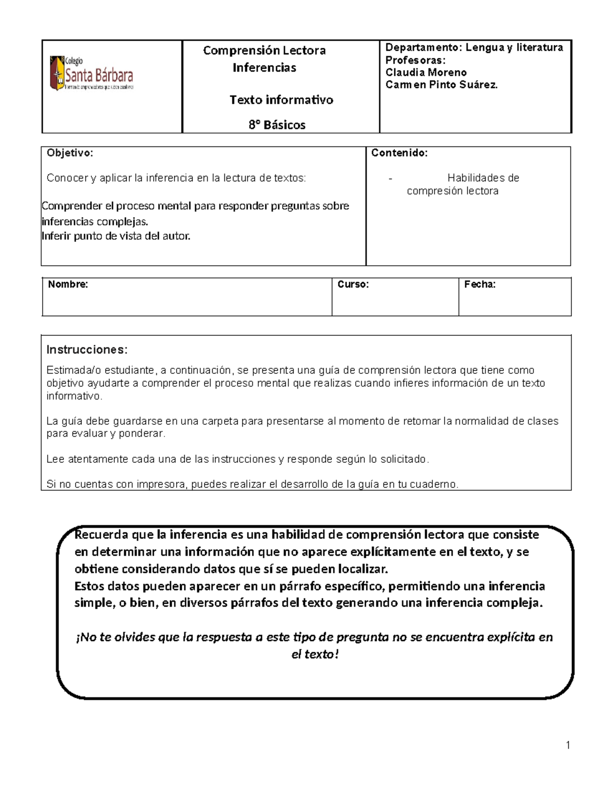 Guía de Comprensión Lectora: Inferencias en Textos Informativos 8 ...