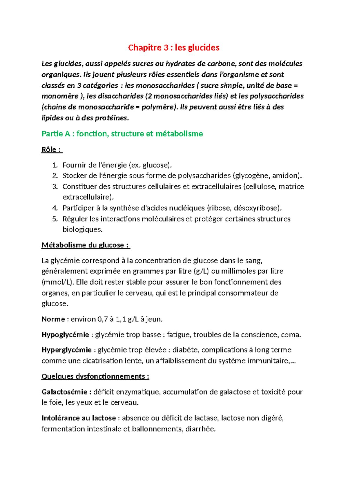 Chapitre 3 : Les Glucides - Structure, Métabolisme et Fonctions - Studocu