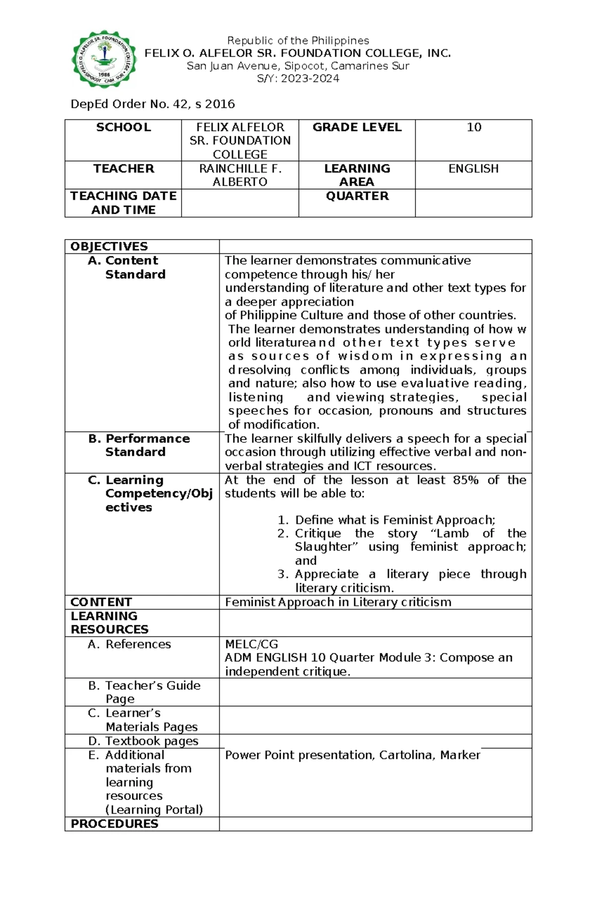 Multimodal Lesson Plan for English (Grade Level) - LP 2023 - Studocu