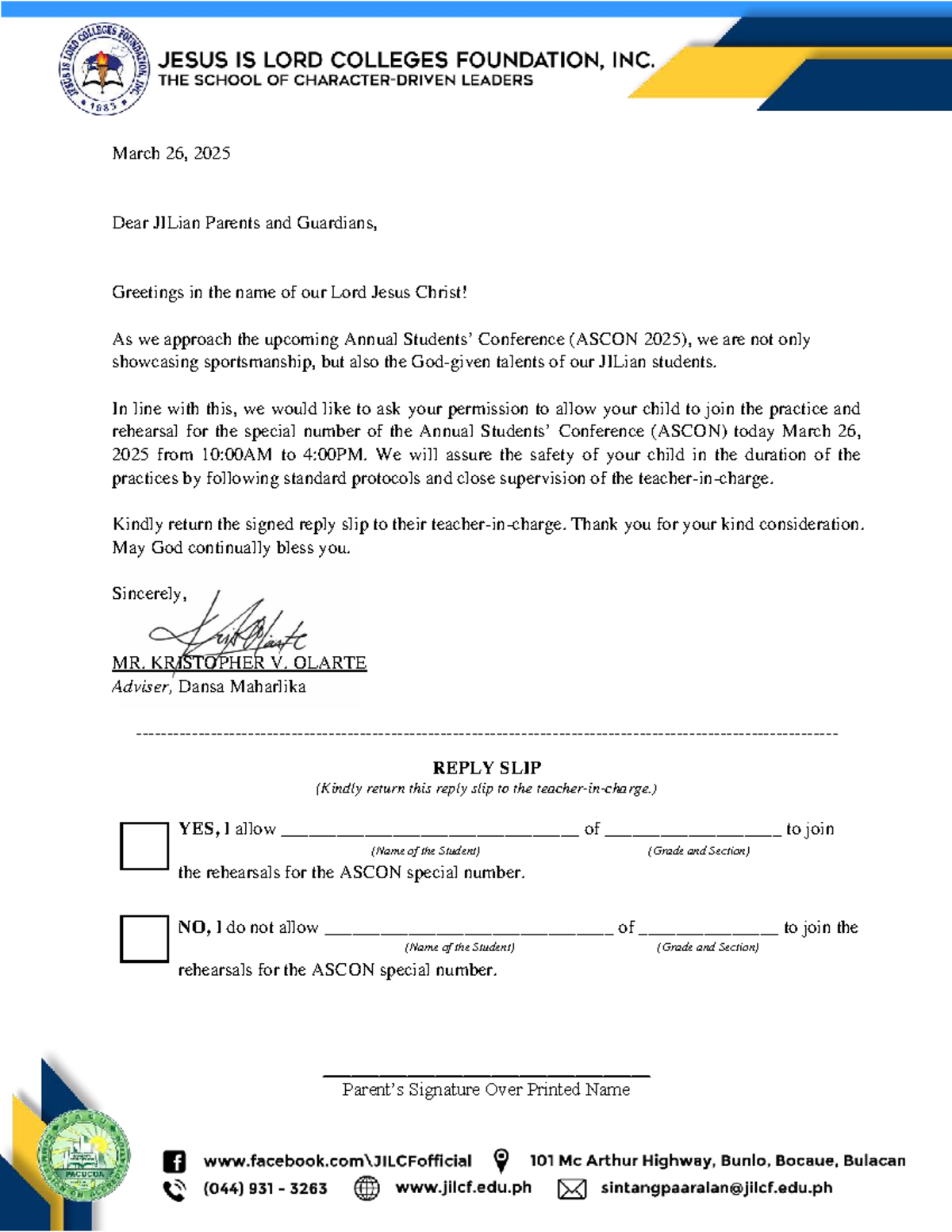ASCON 2025: Parent Letter for Conference Rehearsals - Studocu