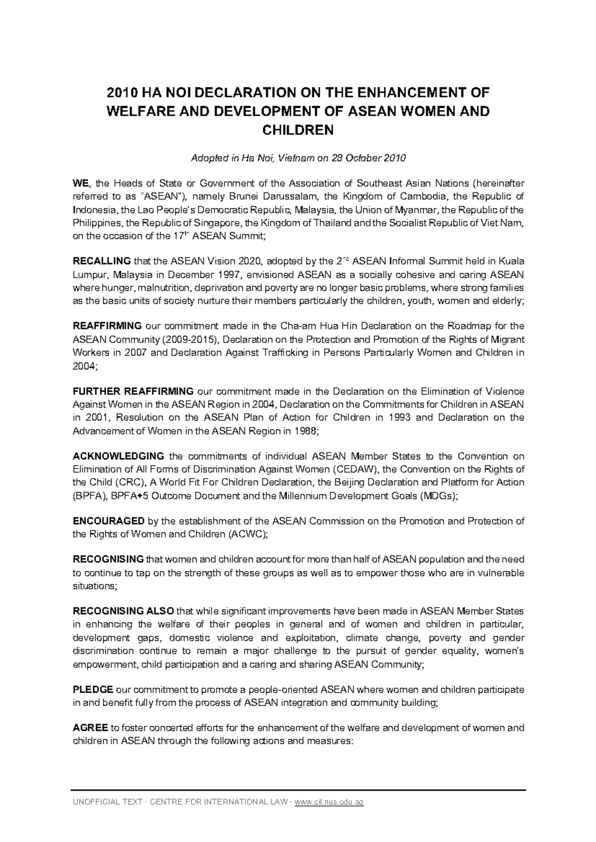 2010 Ha Noi Declaration Devolpment Welfare of WC - UNOFFICIAL TEXT ...
