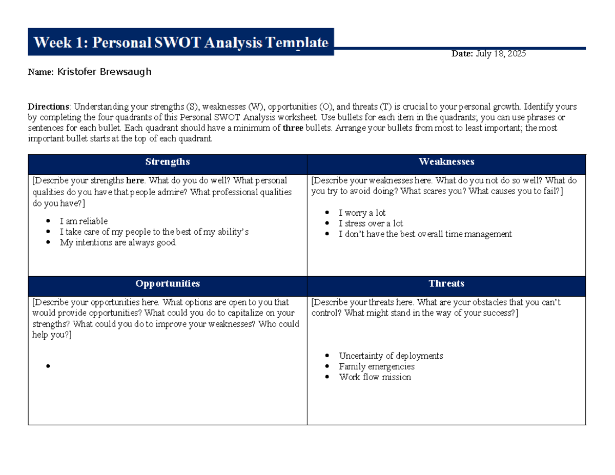 IT SWOT Analysis Template (Student) - Personal Growth Insights - Studocu