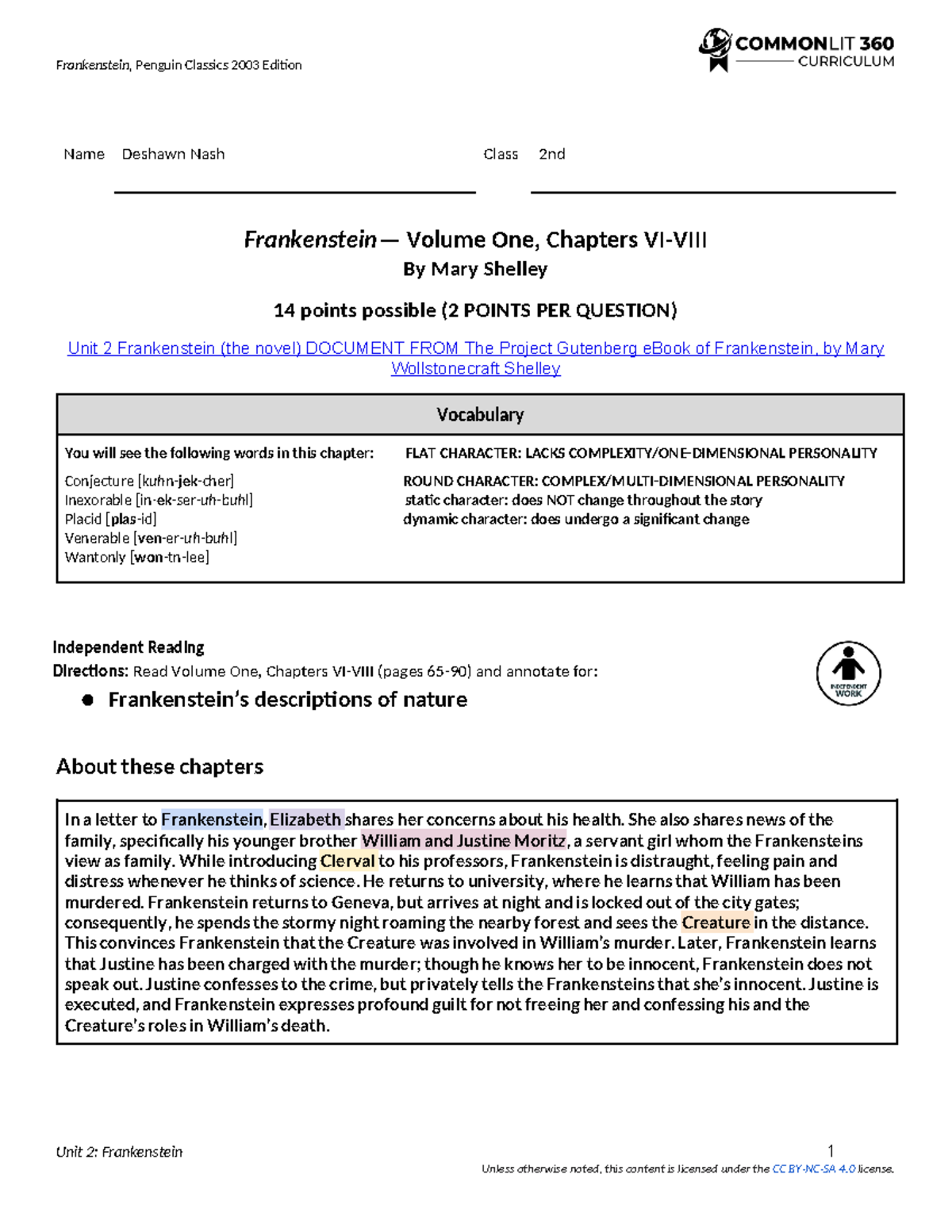 Frankenstein ENG 101 - Volume One, Ch. VI-VIII During-Reading Qs - Studocu