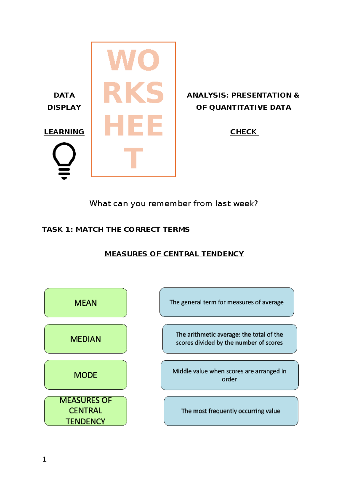 Data Analysis Worksheet: Presentation & Display of Quantitative Data - Studocu