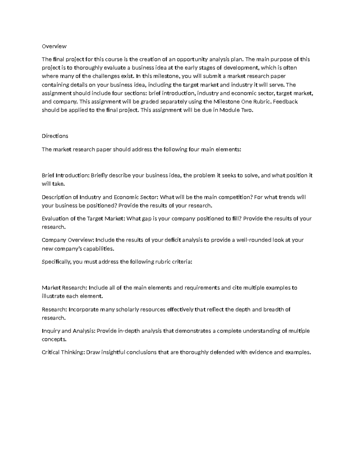 OL 101: Final Project - Opportunity Analysis Plan Overview - Studocu