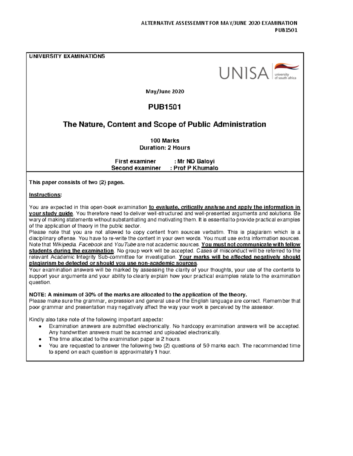 PUB1501 May/June 2020 Exam Summary: Public Administration Overview ...
