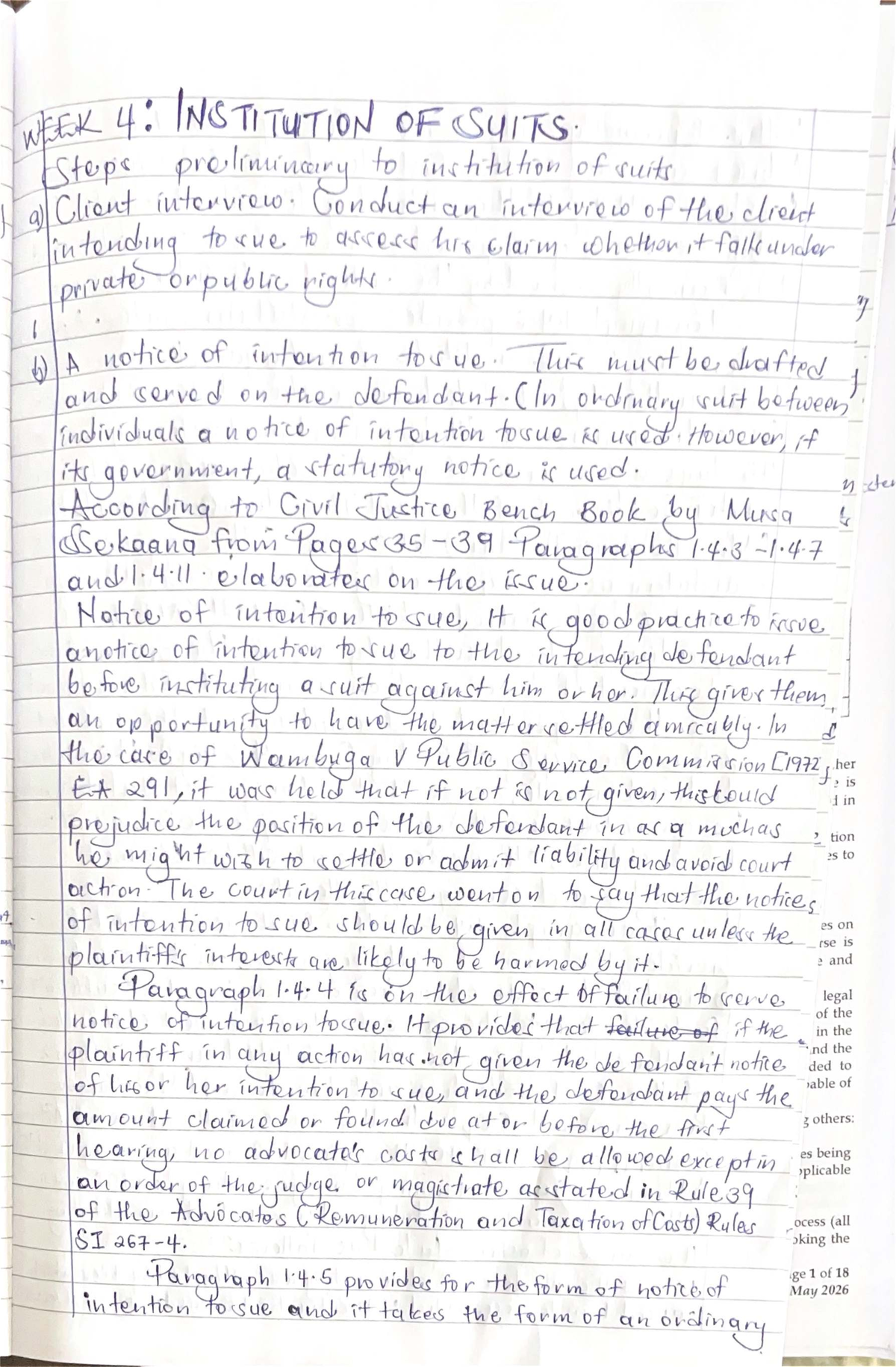 WEEK 4: INSTITUTION OF SUITS - Civil Procedure Notes - Studocu