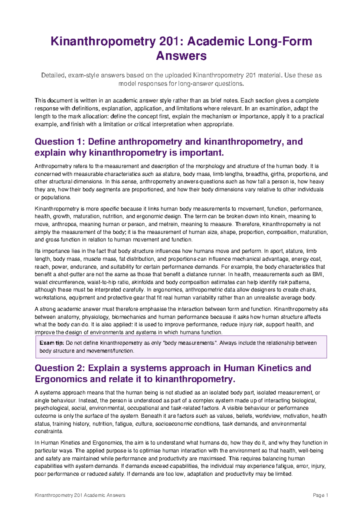 Kinanthropometry 201: Comprehensive Academic Answers and Insights - Studocu