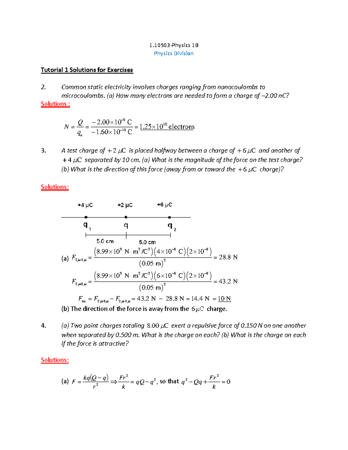 Solutions for Physics 1B Tutorial 1 Exercises - Studocu
