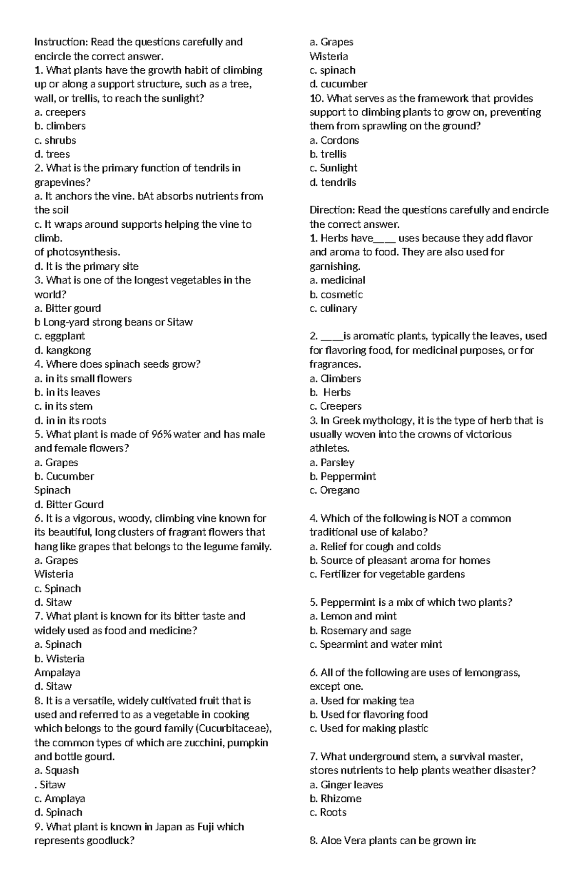 Science 1: Quiz on Climbing Plants and Herbs - Studocu