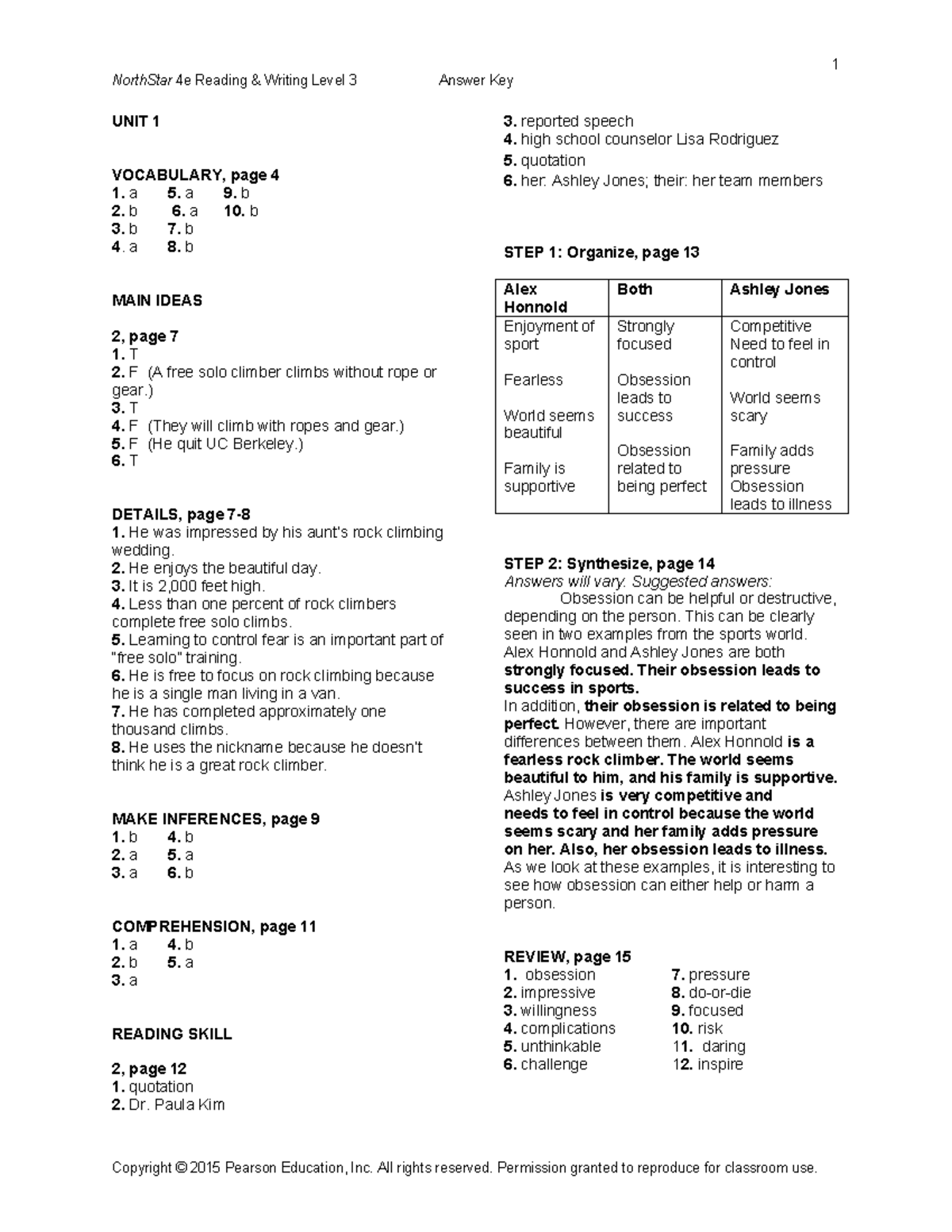 Pdfcoffee - North Star - NorthStar 4e Reading & Writing Level 3 Answer Key UNIT 1 VOCABULARY ...