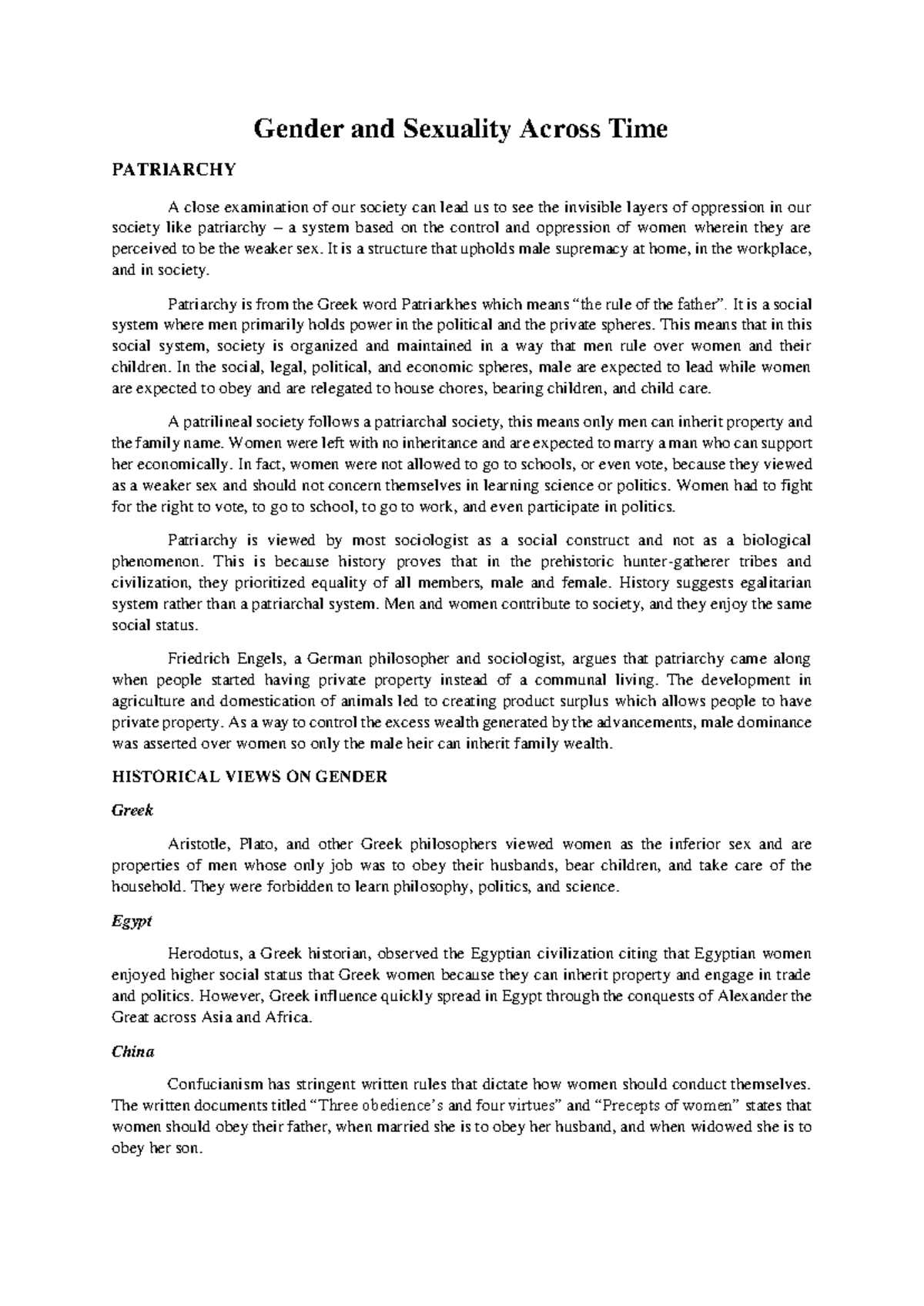 Gender and Sexuality Across Time: Understanding Patriarchy and Feminism ...